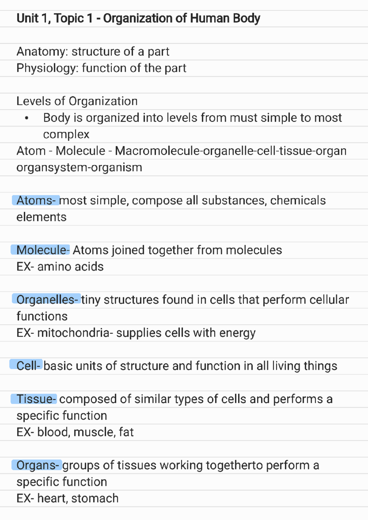 Anatomy Psysiology 220925 112626 - Unit 1, Topic 1 Organization of ...