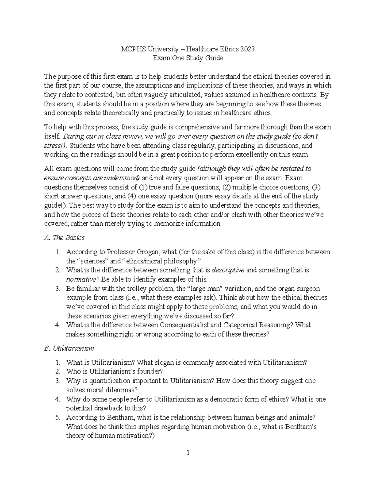 Healthcare Ethics (HCE 101) - Exam 1 Study Guide 2023 - Studocu