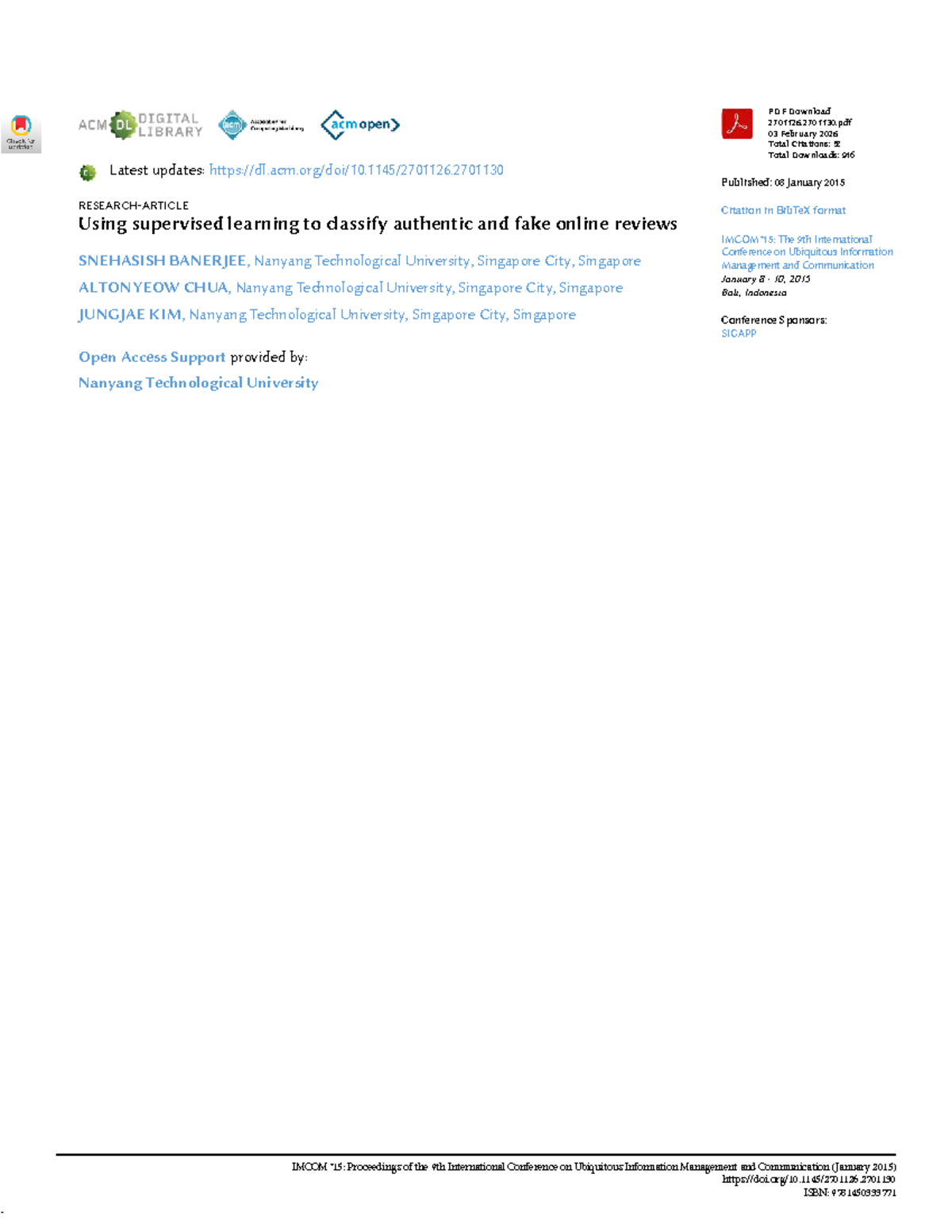 IMCOM 2015: Classifying Authentic vs. Fake Online Reviews Using ...