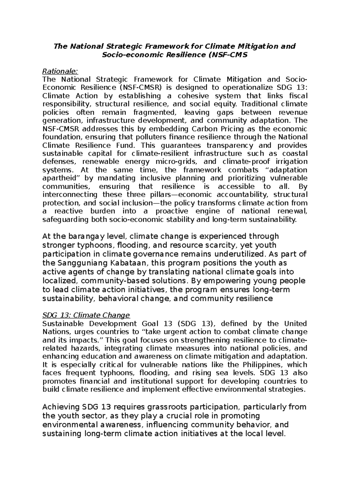 Final Requirement Draft: National Strategic Framework for Climate ...