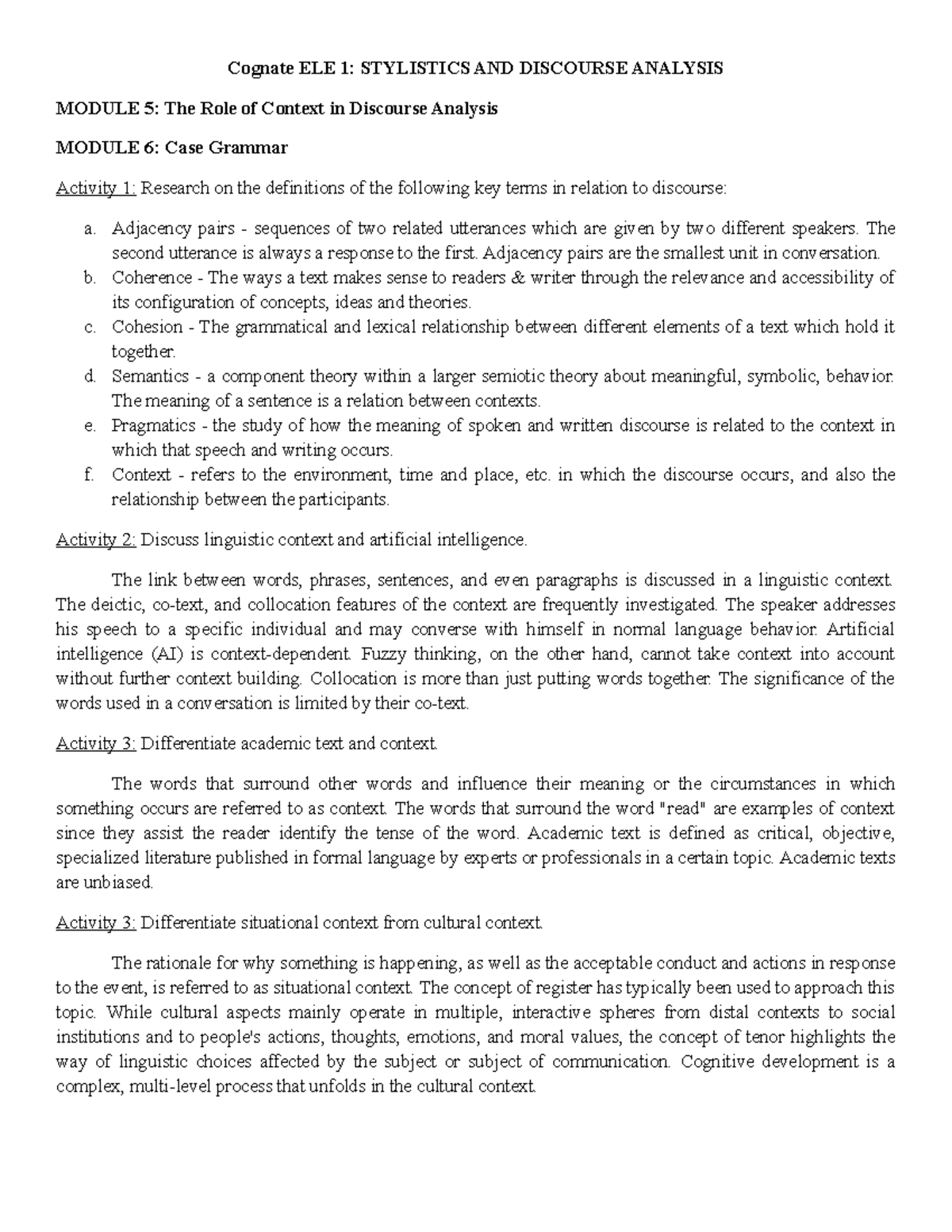 Module 5 - lesson about stylistic and discourse analysis - Cognate ELE 1: STYLISTICS AND ...