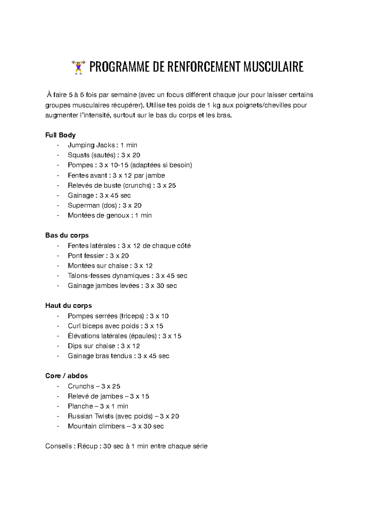 Programme de Renforcement Musculaire - Fiche Sport Perso - Studocu