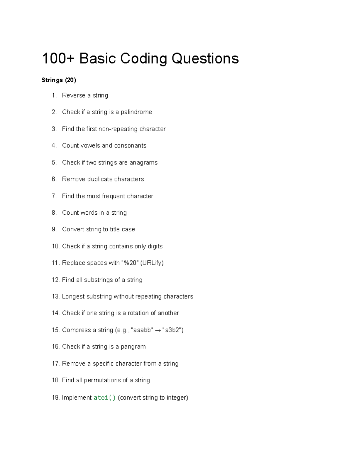 Coding Questions: Strings, Arrays, and Core Programming Concepts - Studocu