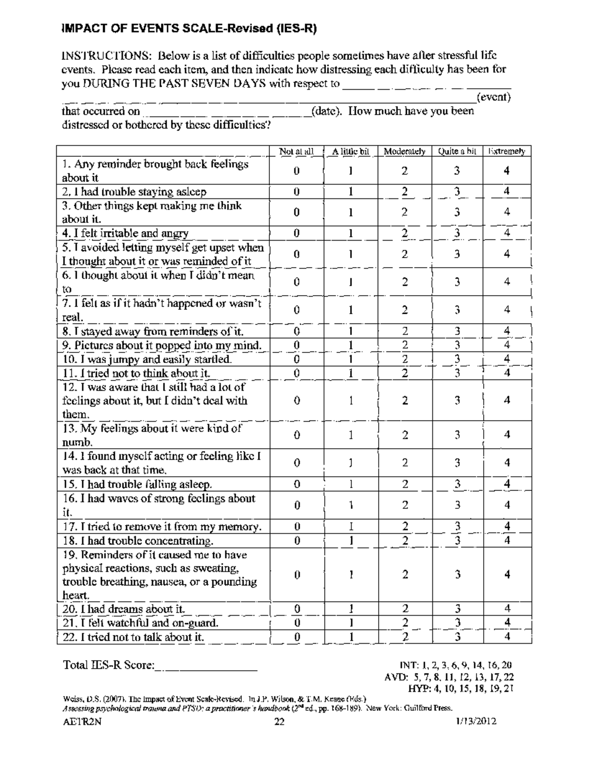 Impact of Events Scale (IES) Instructions for PTSD Assessment AETR2N ...