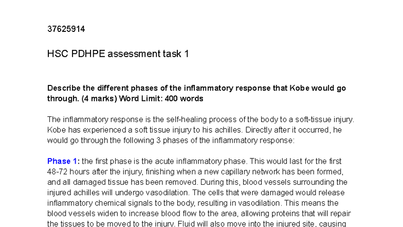 Kobe Bryant - HSC PDHPE Task 1: Phases of Inflammatory Response - Studocu