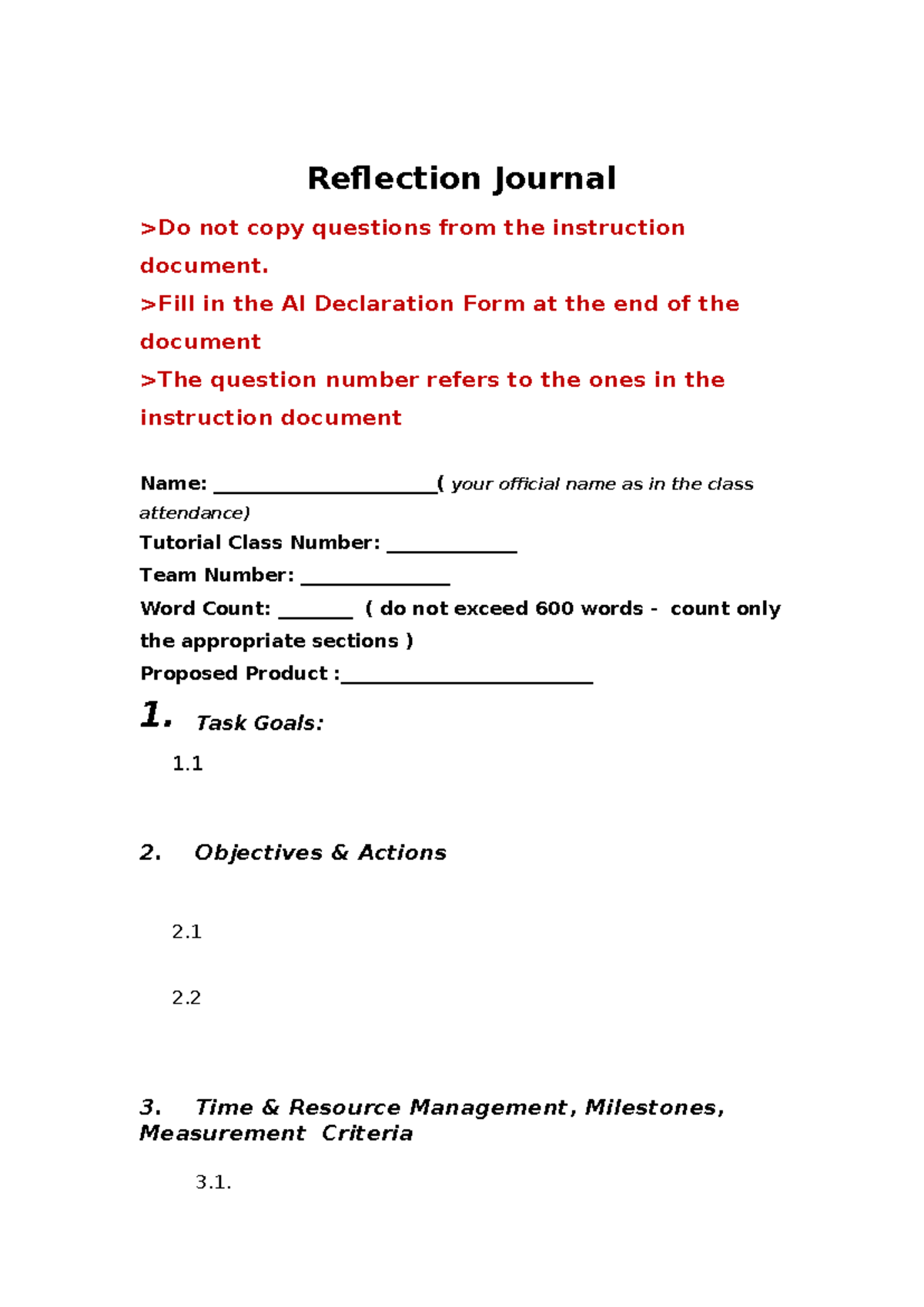Reflection Journal Submission Template for AI Declaration Form - Studocu