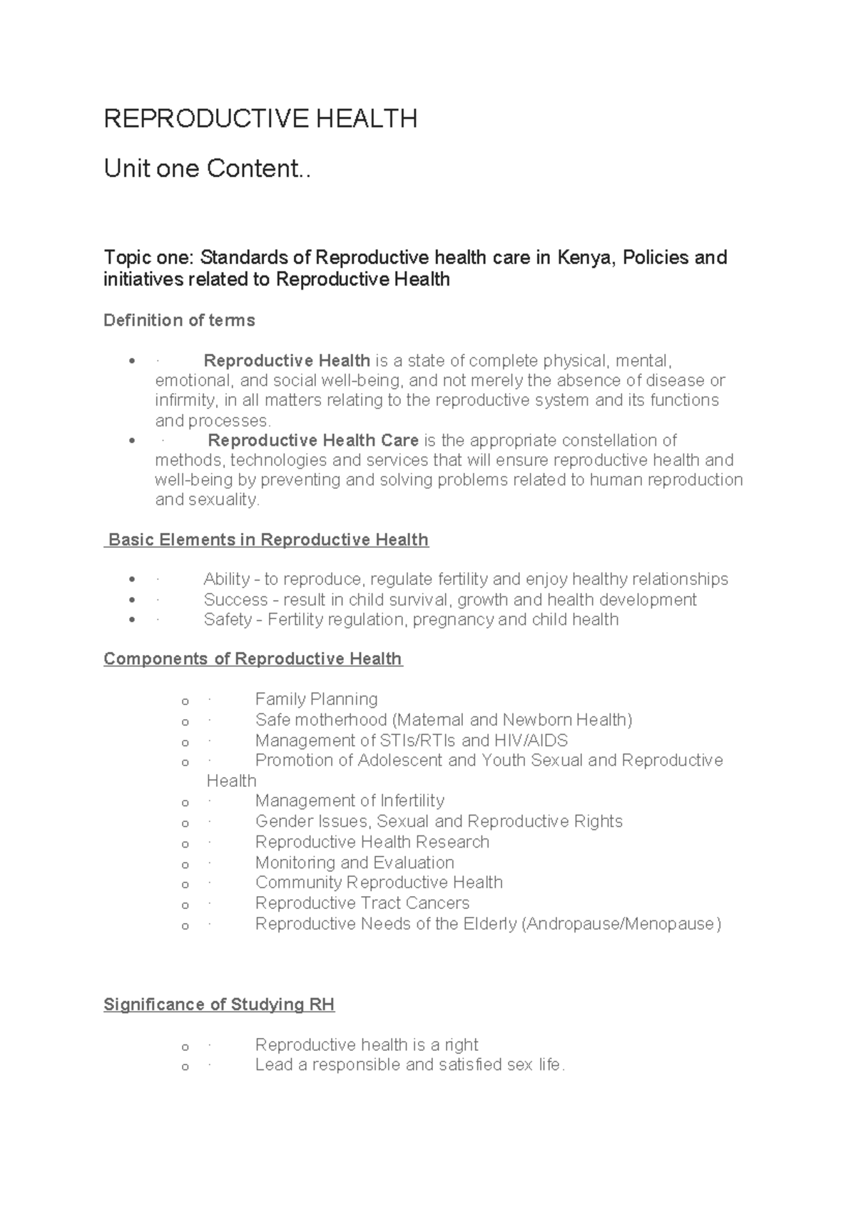 Reproductive Health Standards and Policies in Kenya (Unit 1) - Studocu