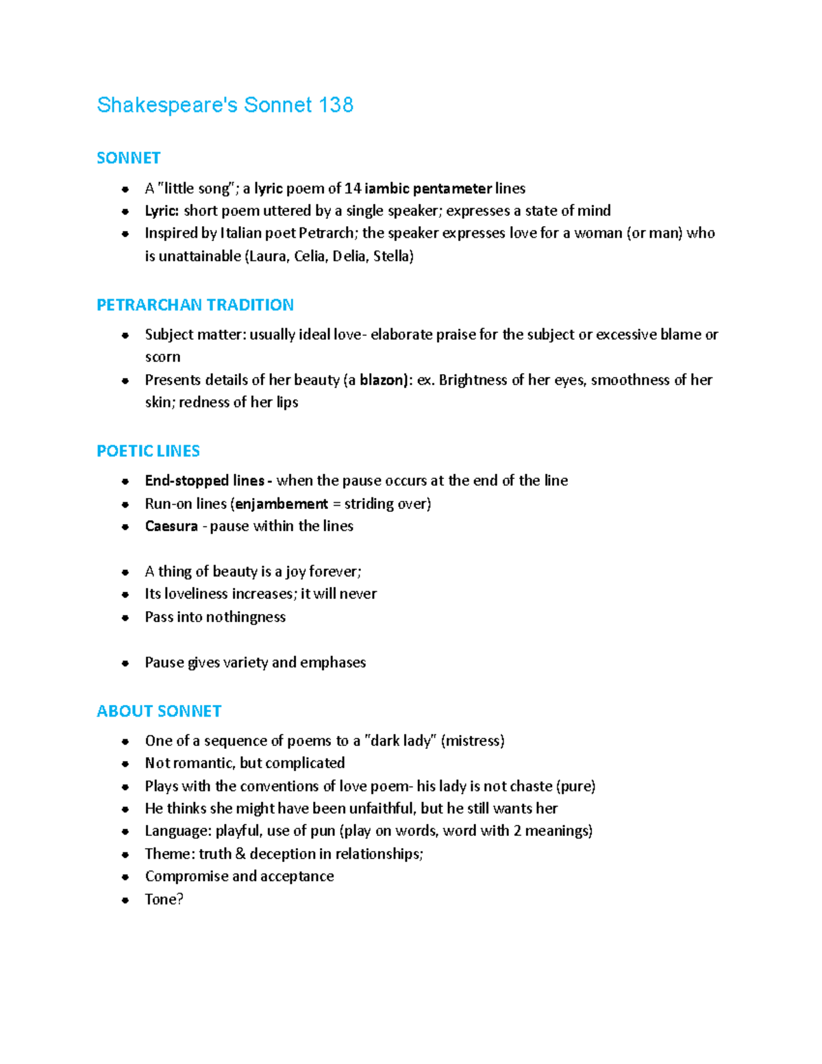 Lecture 4 Notes on Shakespeare's Sonnet 138 - EN 111 - Prof Ty - Studocu