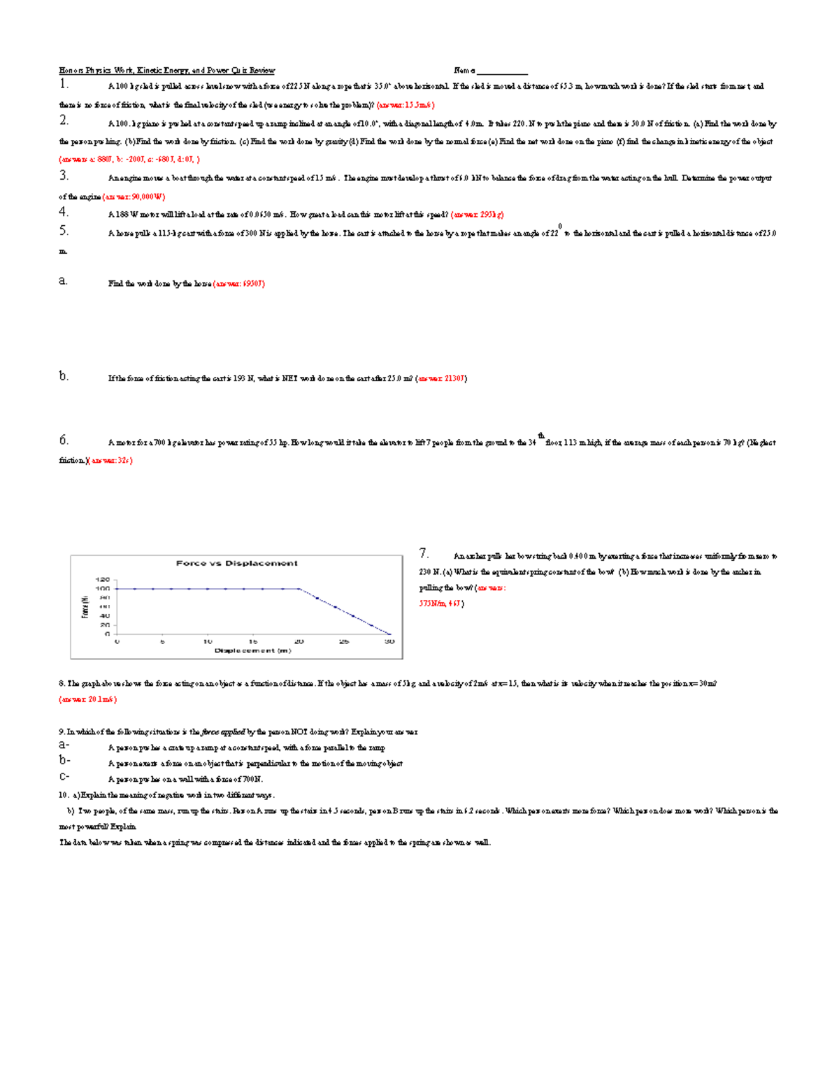 Honors Physics Quiz Review 1: Work, Kinetic Energy & Power - Studocu