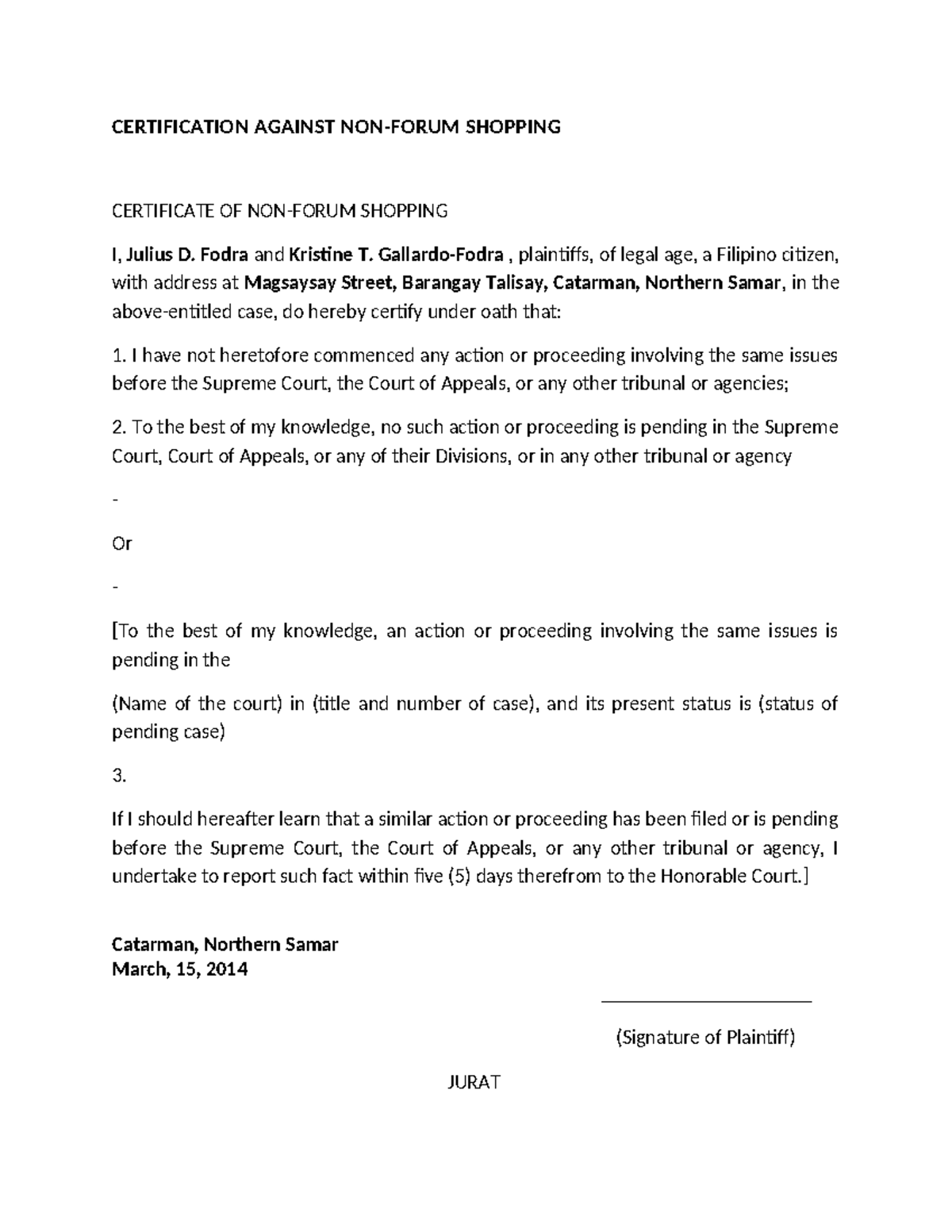 Certification Against Non-Forum Shopping: Legal Compliance Statement ...