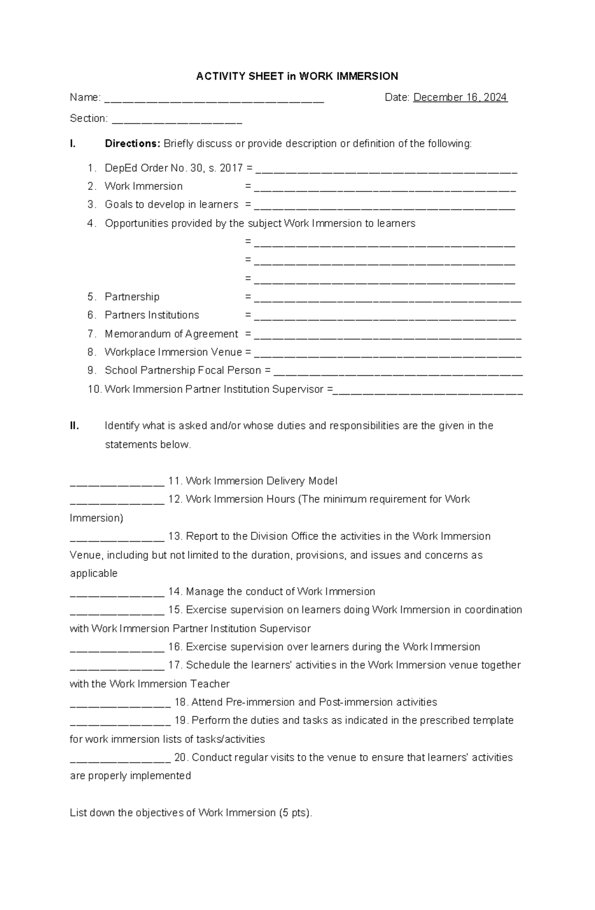 Q3 Work Immersion Activity Sheet Quiz 1 - Detailed Guidelines - Studocu