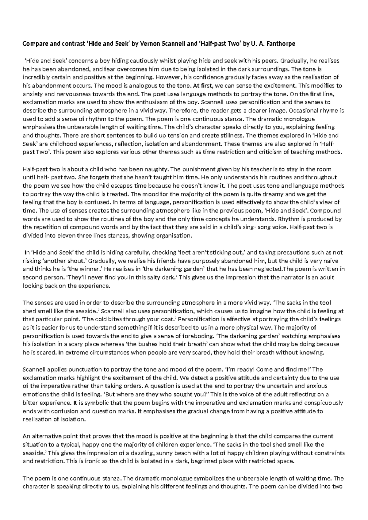 Comparative Analysis of 'Hide and Seek' & 'Half-past Two' Essay - Studocu