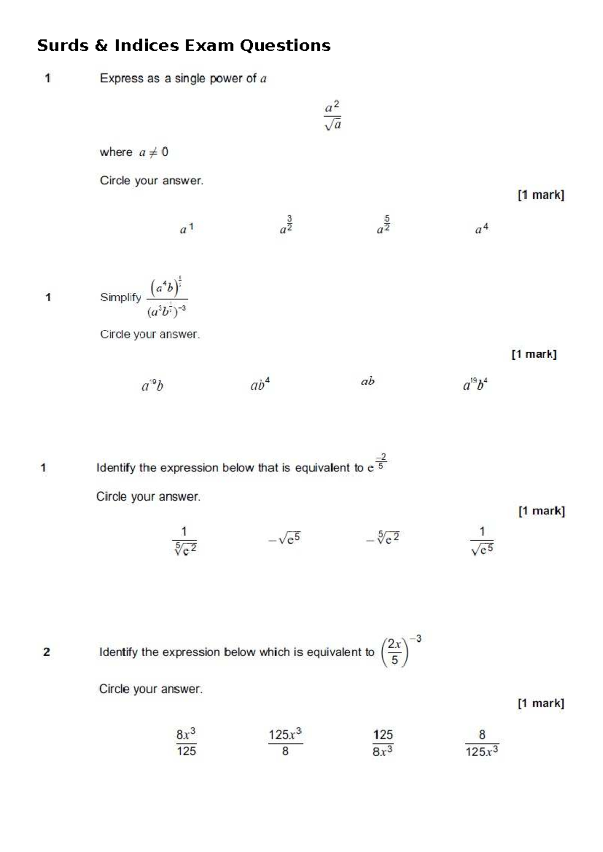 Surds & Indices Exam Questions 1.2 & 1.3 - Studocu