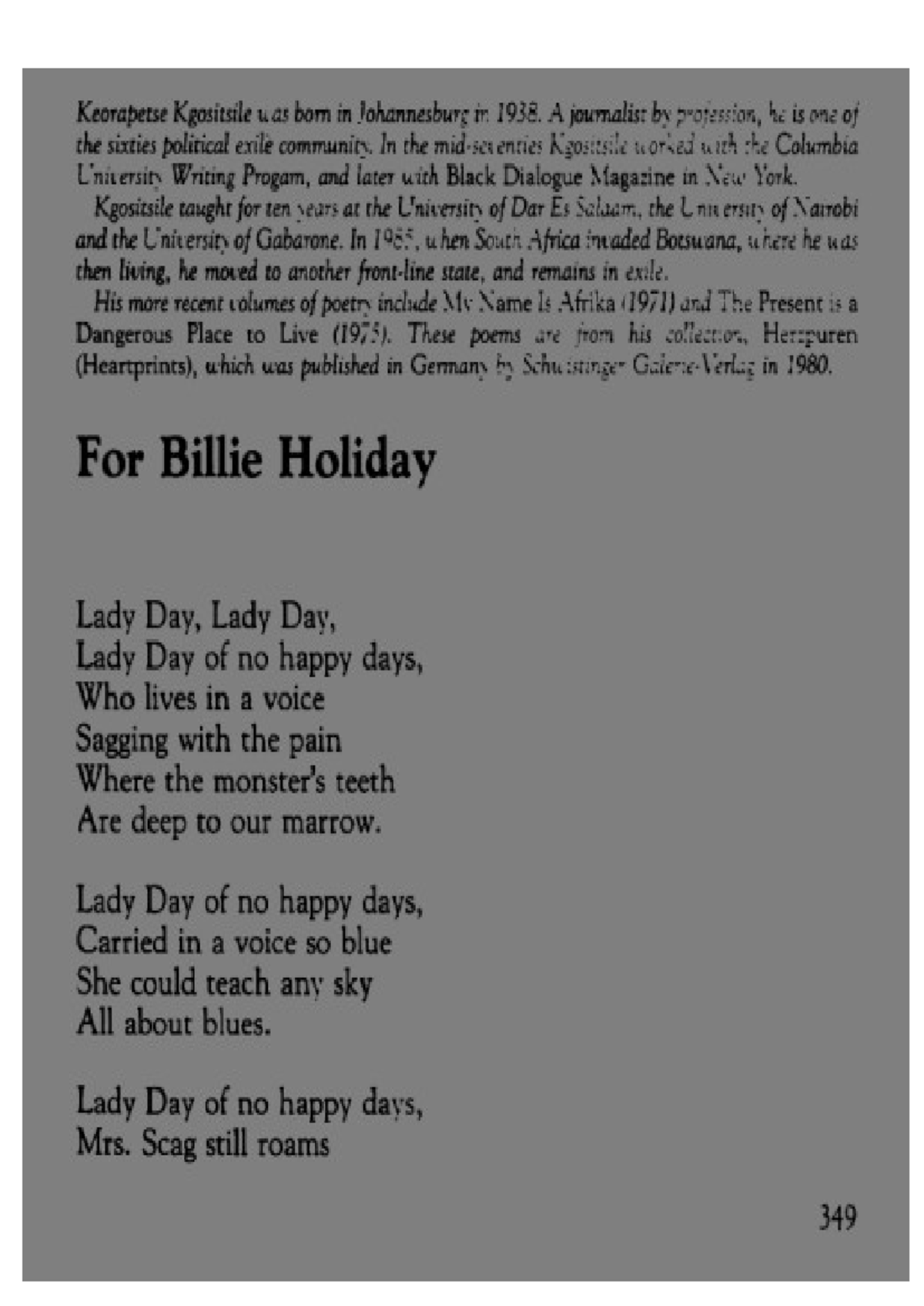 For Billie Holiday: The Poetic Legacy of Keorapetse Kgositsile - Studocu