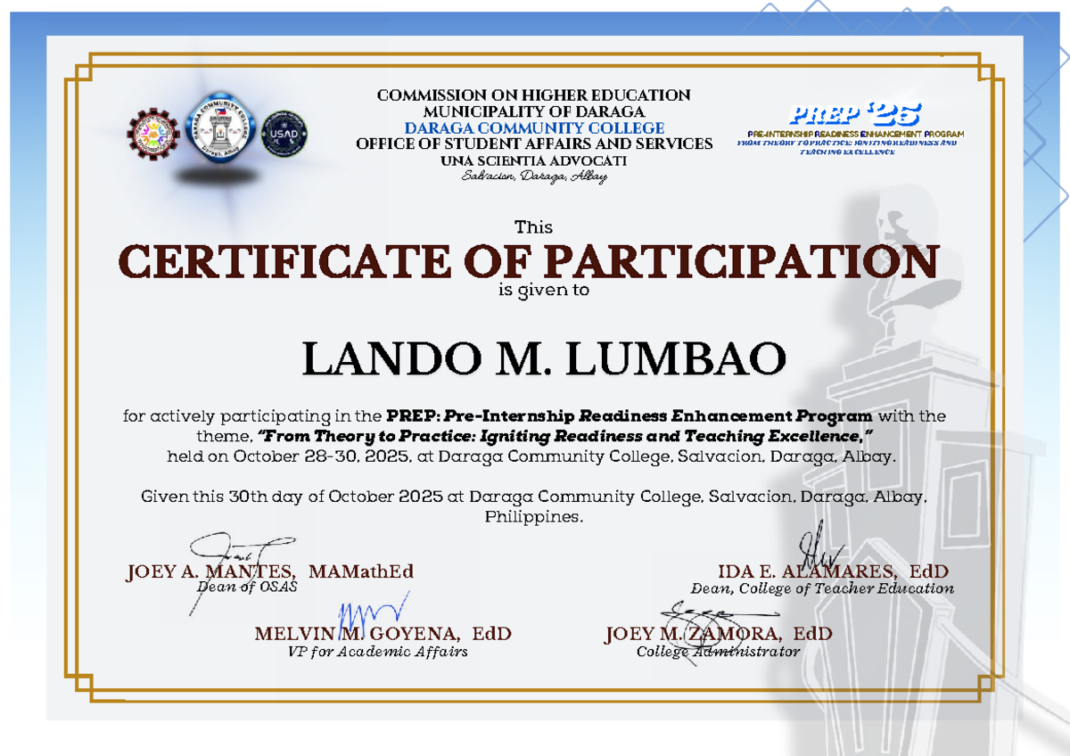 PREP: Readiness Enhancement Program Participation Certificate - Studocu