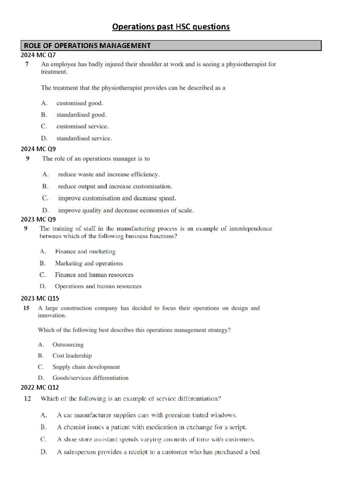 HSC Operations Management Past Questions & Answers 2012-2024 - Studocu