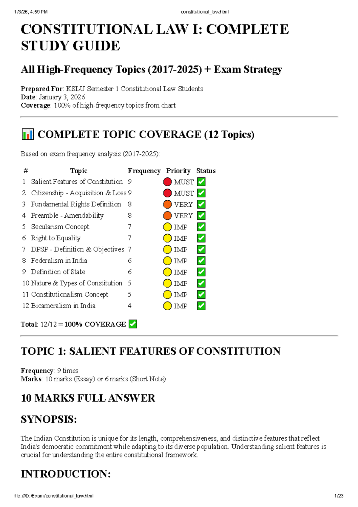 Constitutional Law I (KSLU): Comprehensive Study Guide for Exam Prep ...