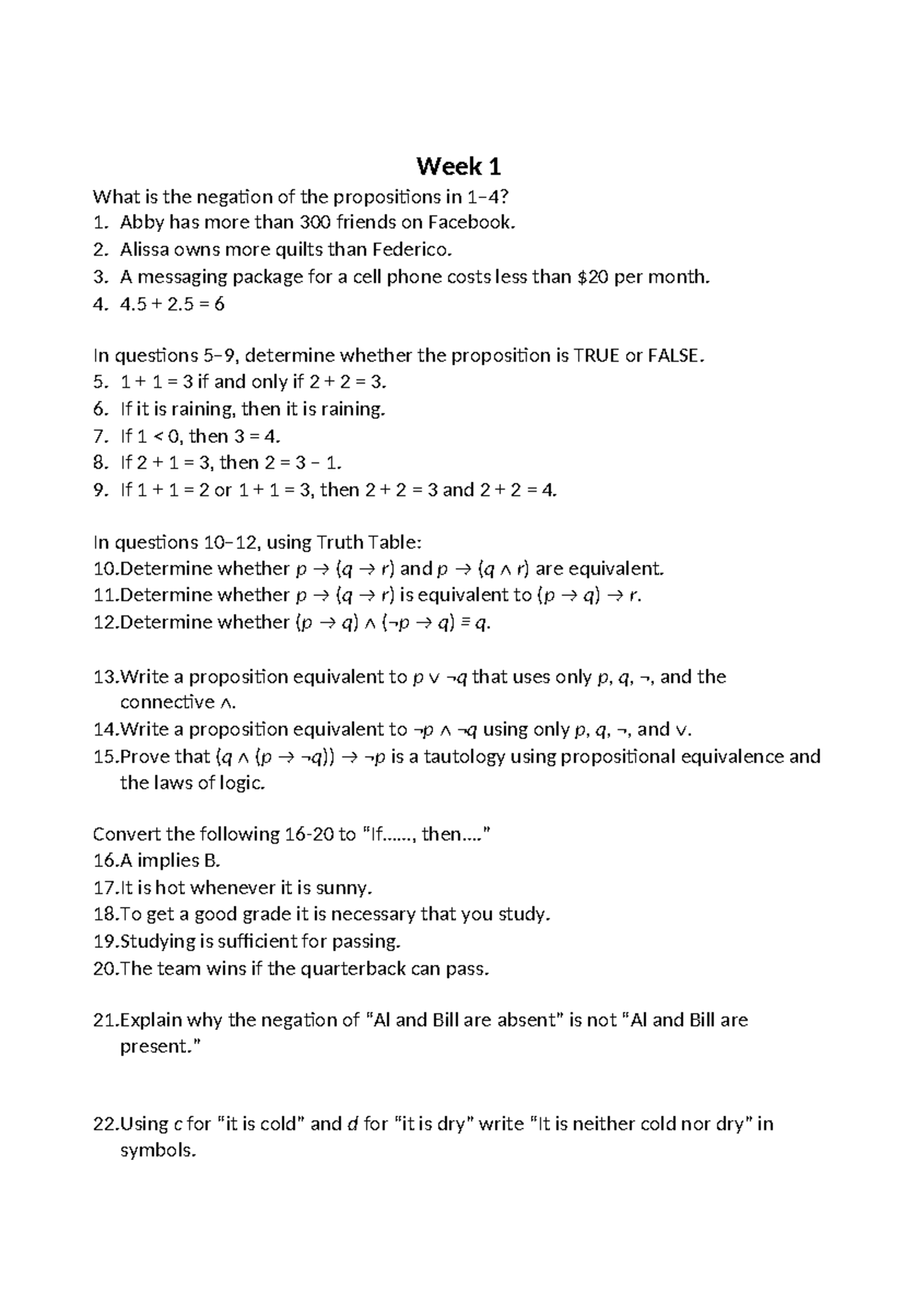 Week 1: Negation and Truth Tables in Propositional Logic - Studocu