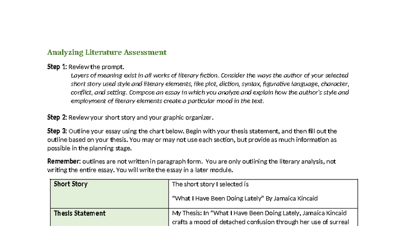 Analyzing Literary Elements in "I Have Been Doing" - 1.03 Assessment ...