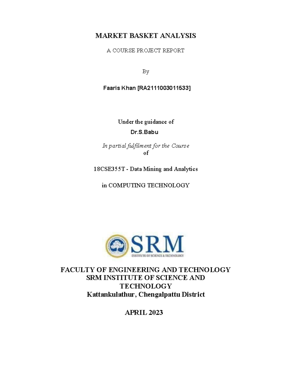 18CSE355T - Market Basket Analysis Project Report - Studocu