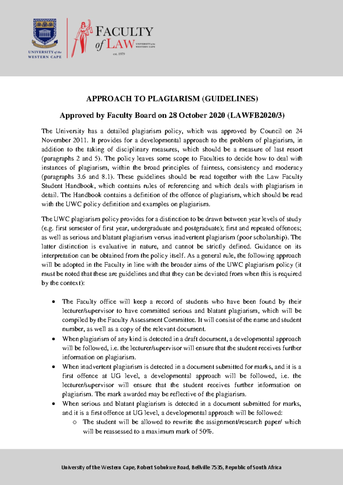 Plagiarism Guidelines: UWC Faculty Approach and Policy Overview - Studocu