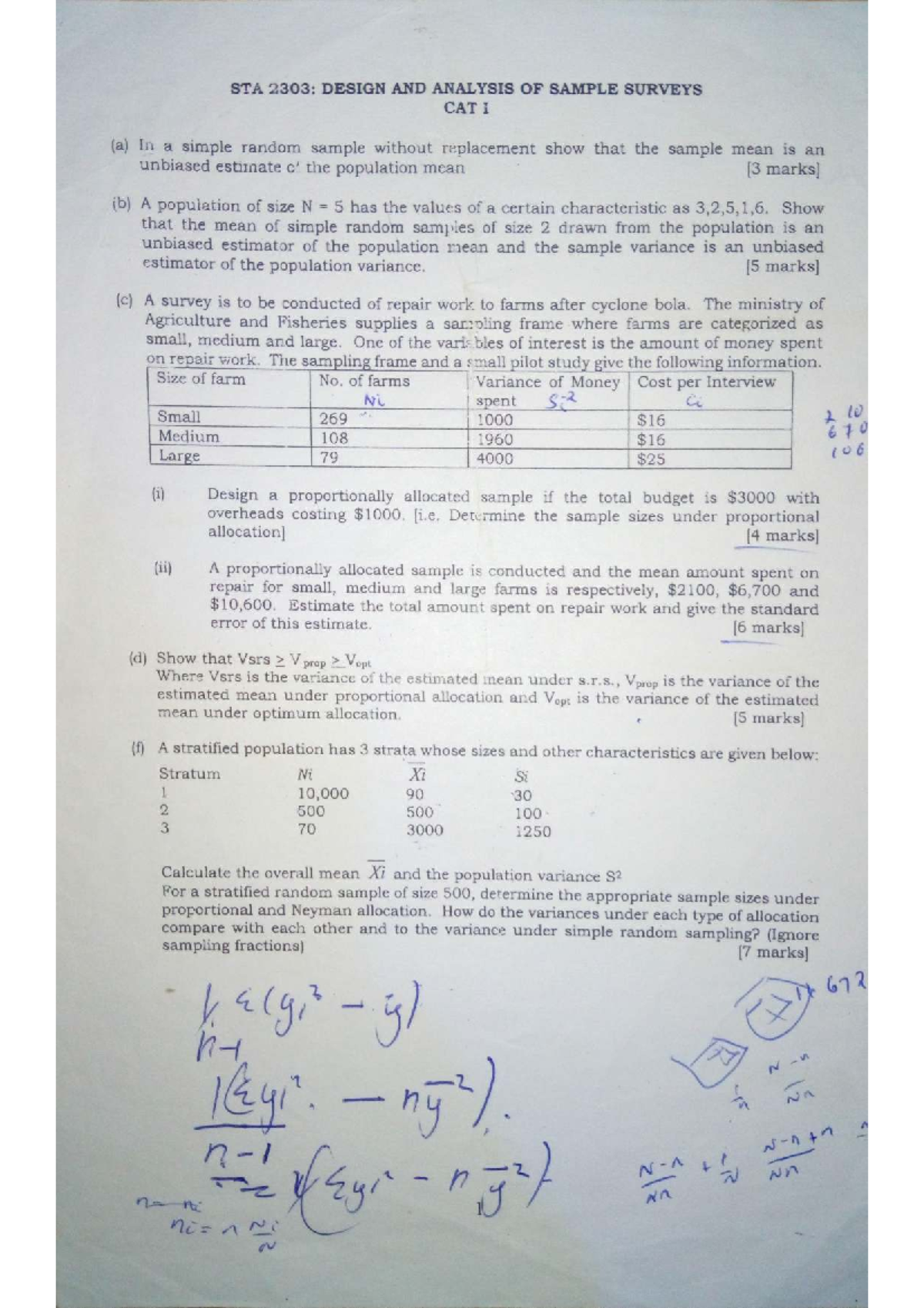 STA 2303: Unbiased Estimation in Sample Surveys Analysis - Studocu