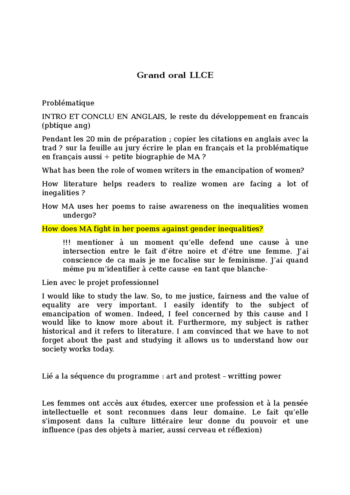 Grand Oral LLCE: Women's Role in Literature and Emancipation - Studocu