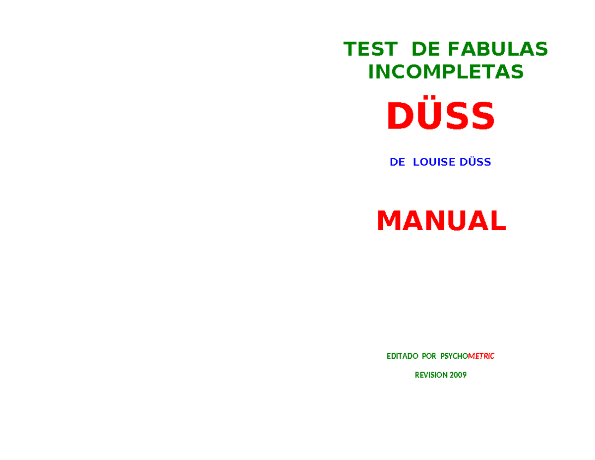 **Test de Fábulas de Düss: Evaluación y Diagnóstico Psicológico** - Studocu