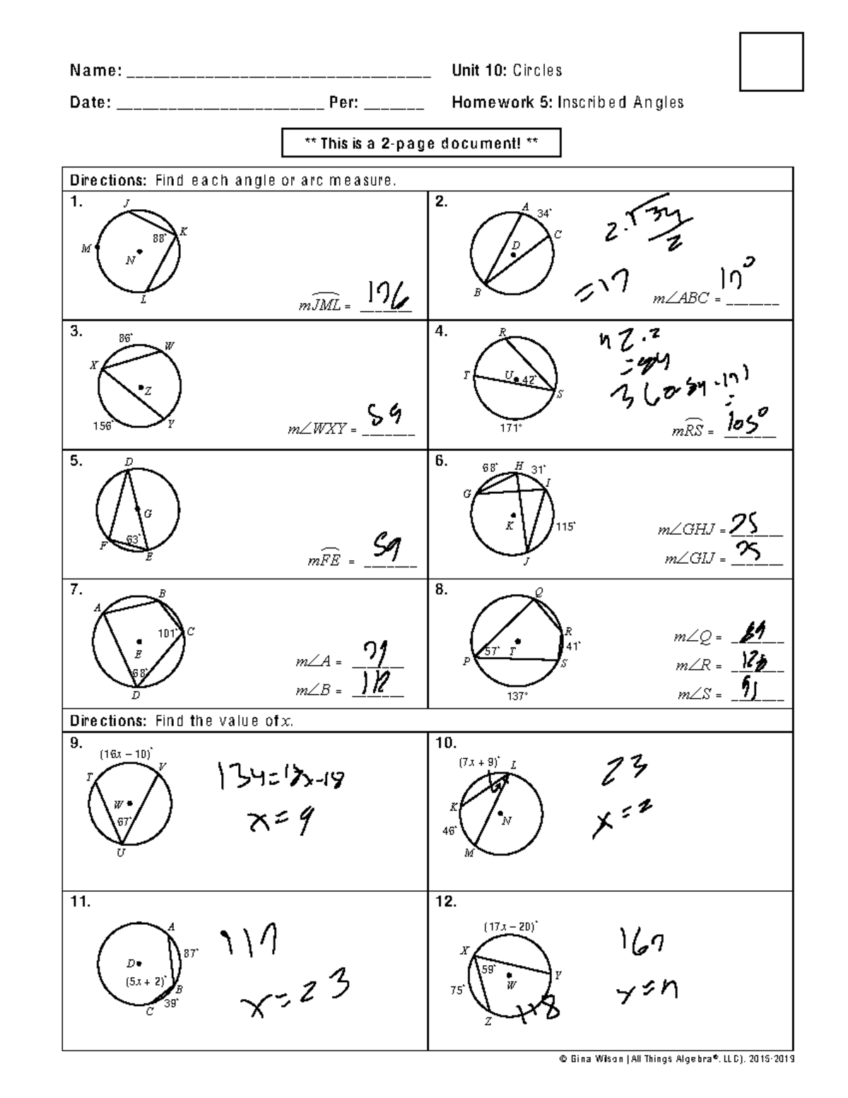 Unit 10: Circles - Homework 5: Inscribed Angles - Studocu
