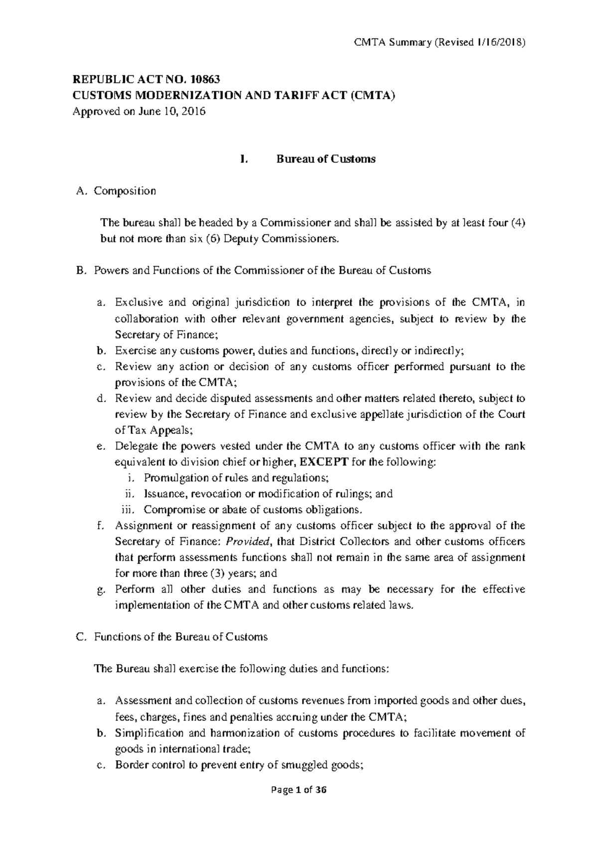 Customs Modernization and Tariff Act (CMTA) Summary Notes - Studocu