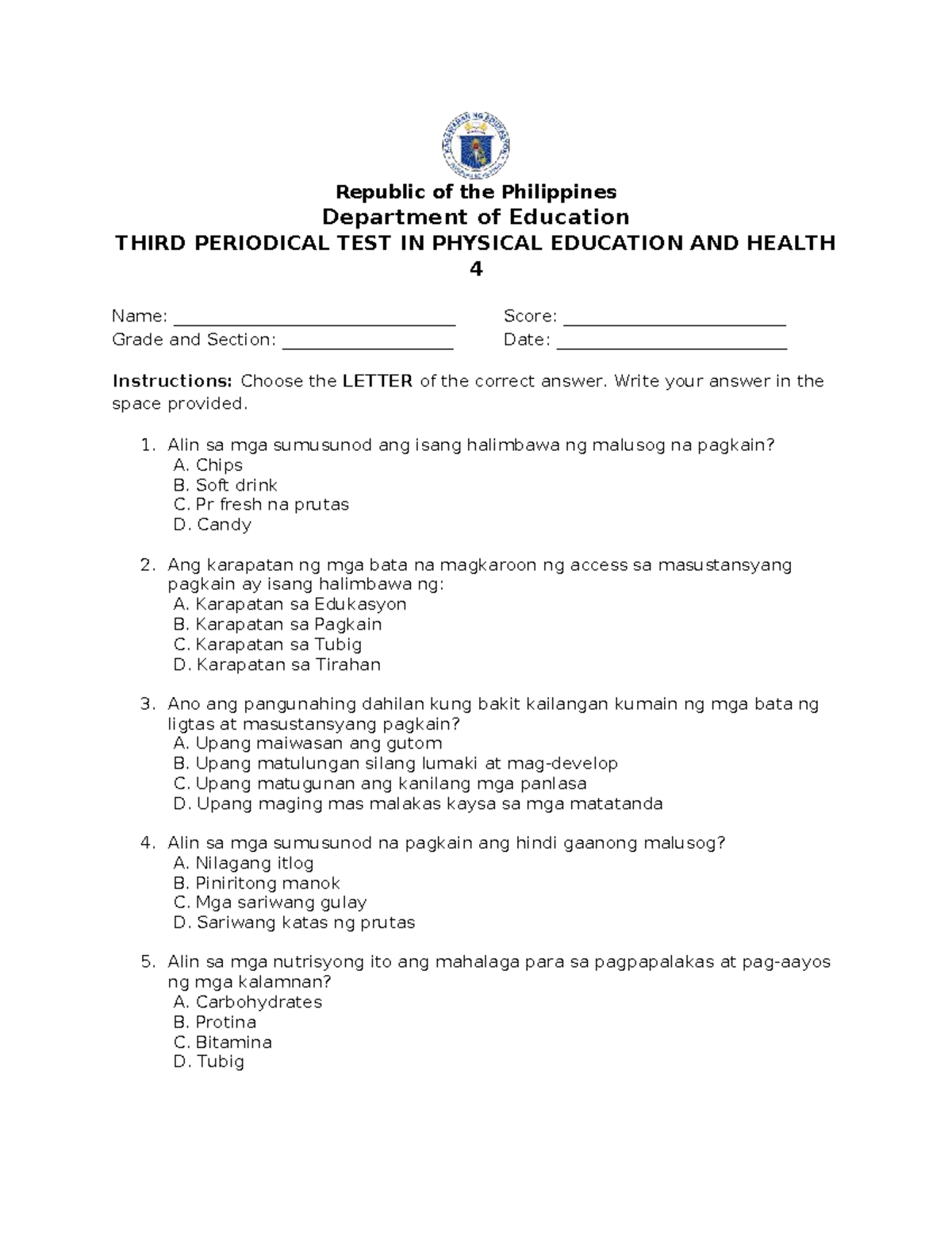 PT G4 Third Periodical Test in PE & Health 4 Q3 - Studocu