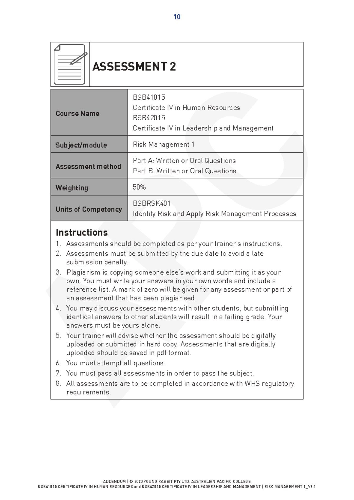 Risk Management 1 Assessment 2 BSB41015 & BSB42015 Guidelines - Studocu