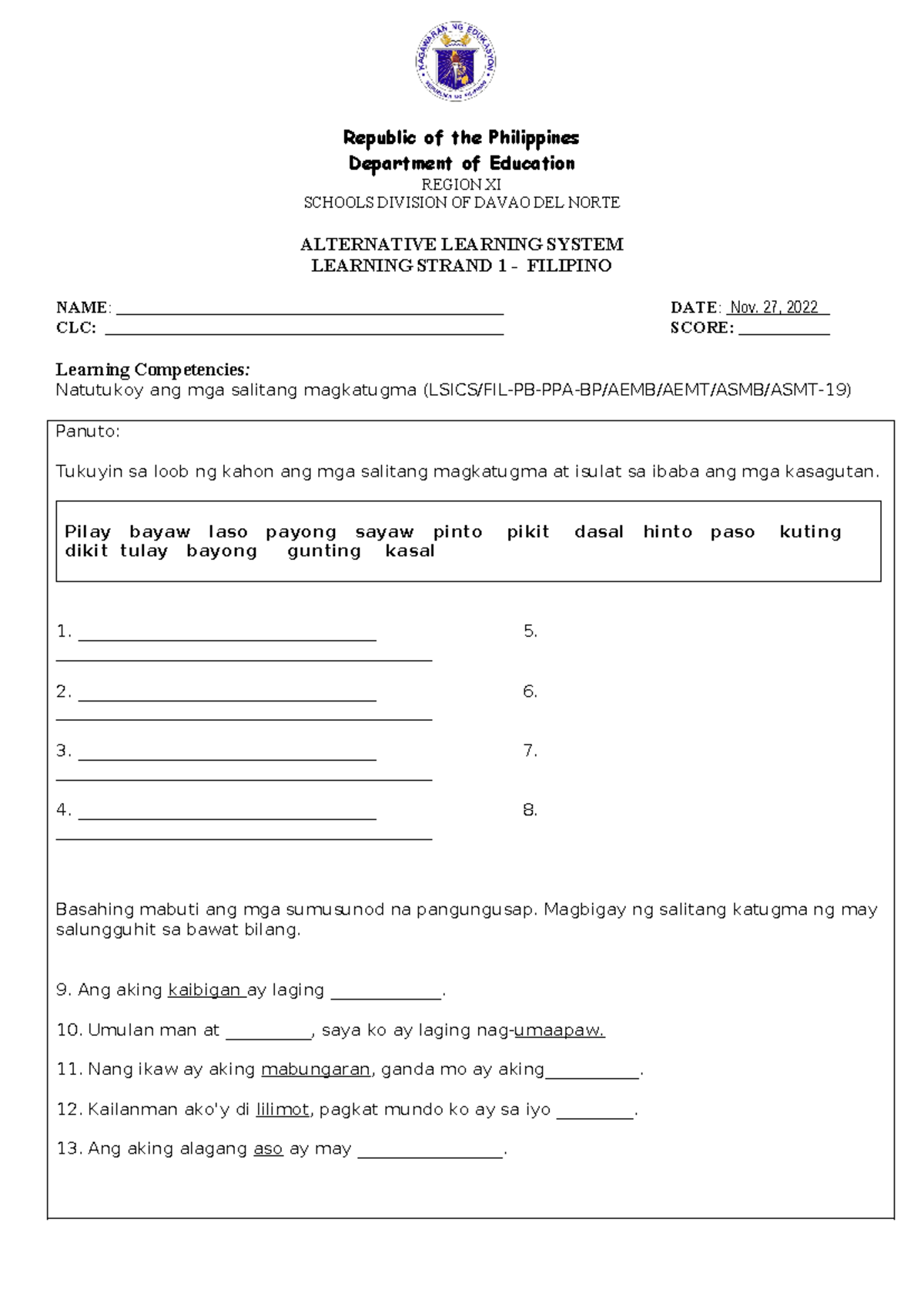 Learning Activity Sheets: Filipino for ALS Learning Strand 1 - Studocu