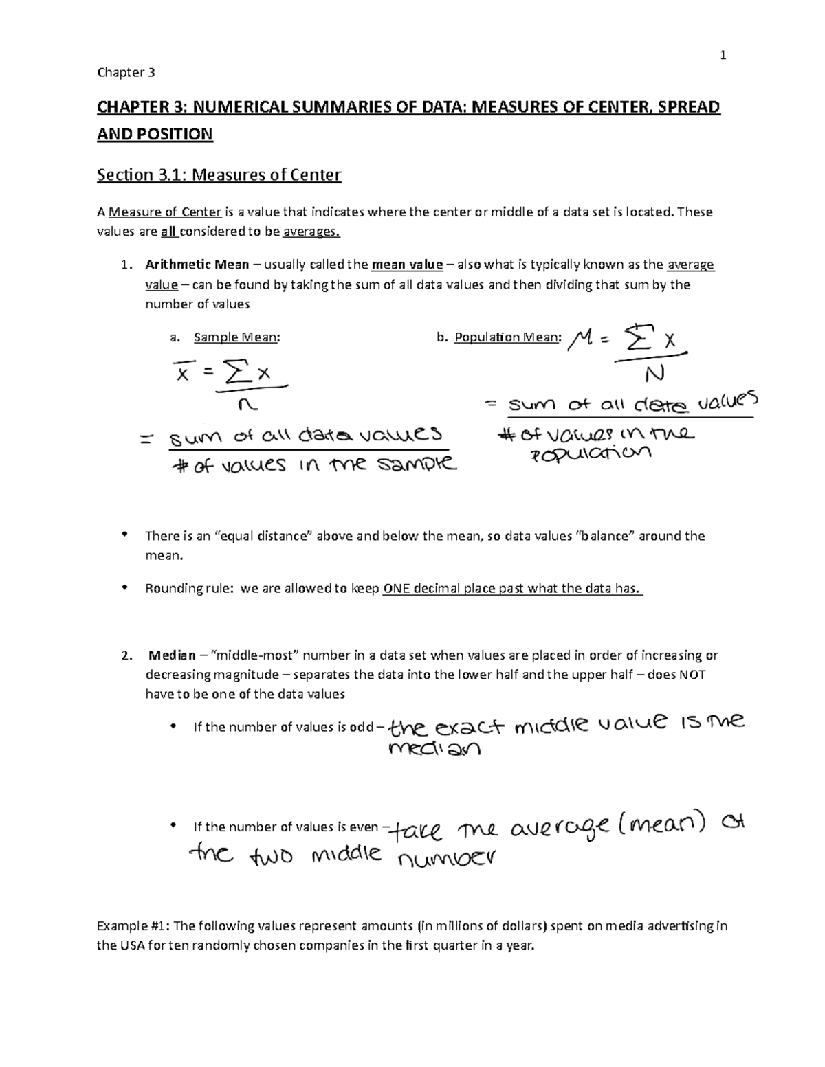 Chapter 3: Numerical Summaries - Measures of Center, Spread & Position ...