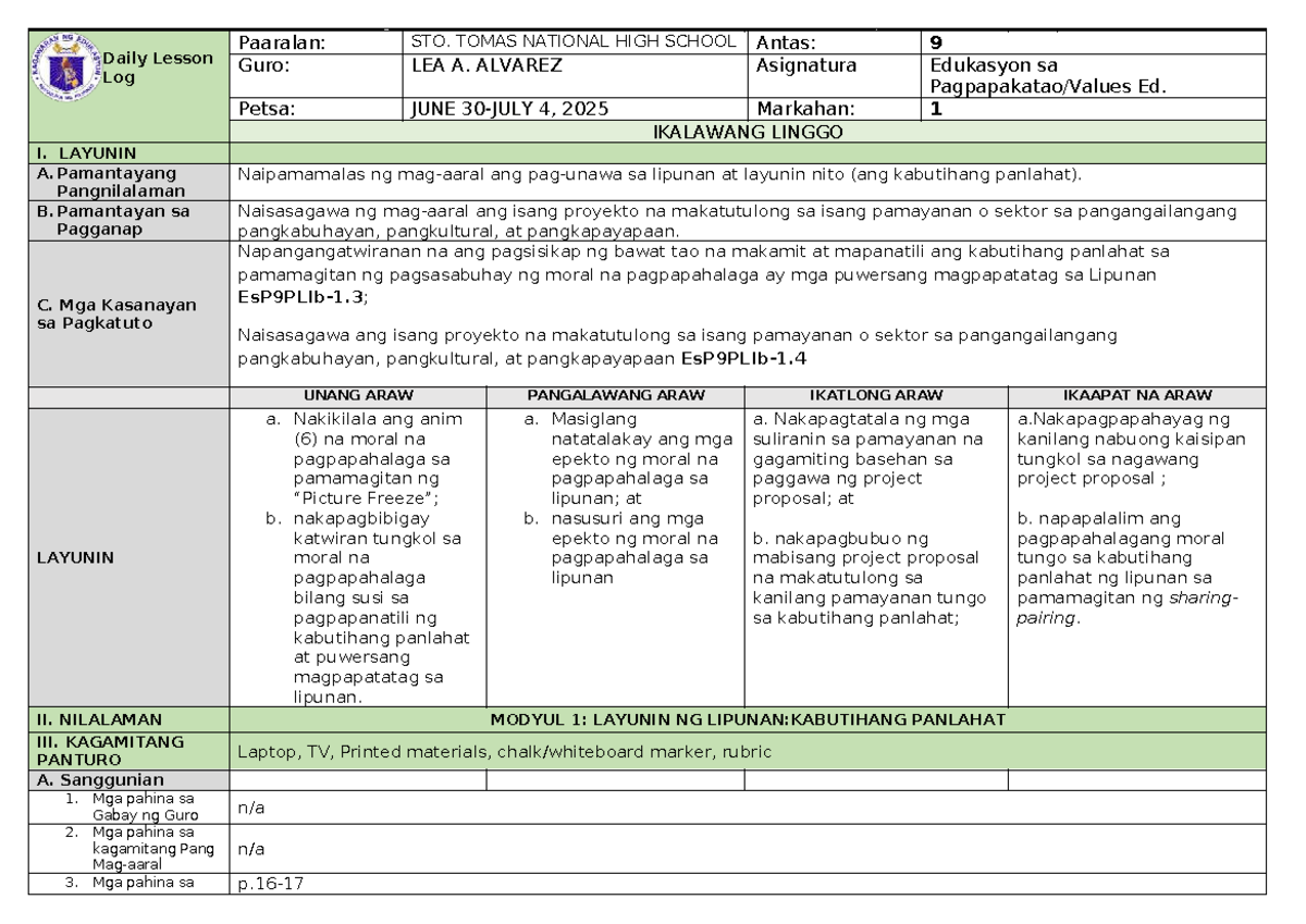 Daily Lesson Log (DLL) for Grade 9: June 30 - July 4, Week 2 - Studocu