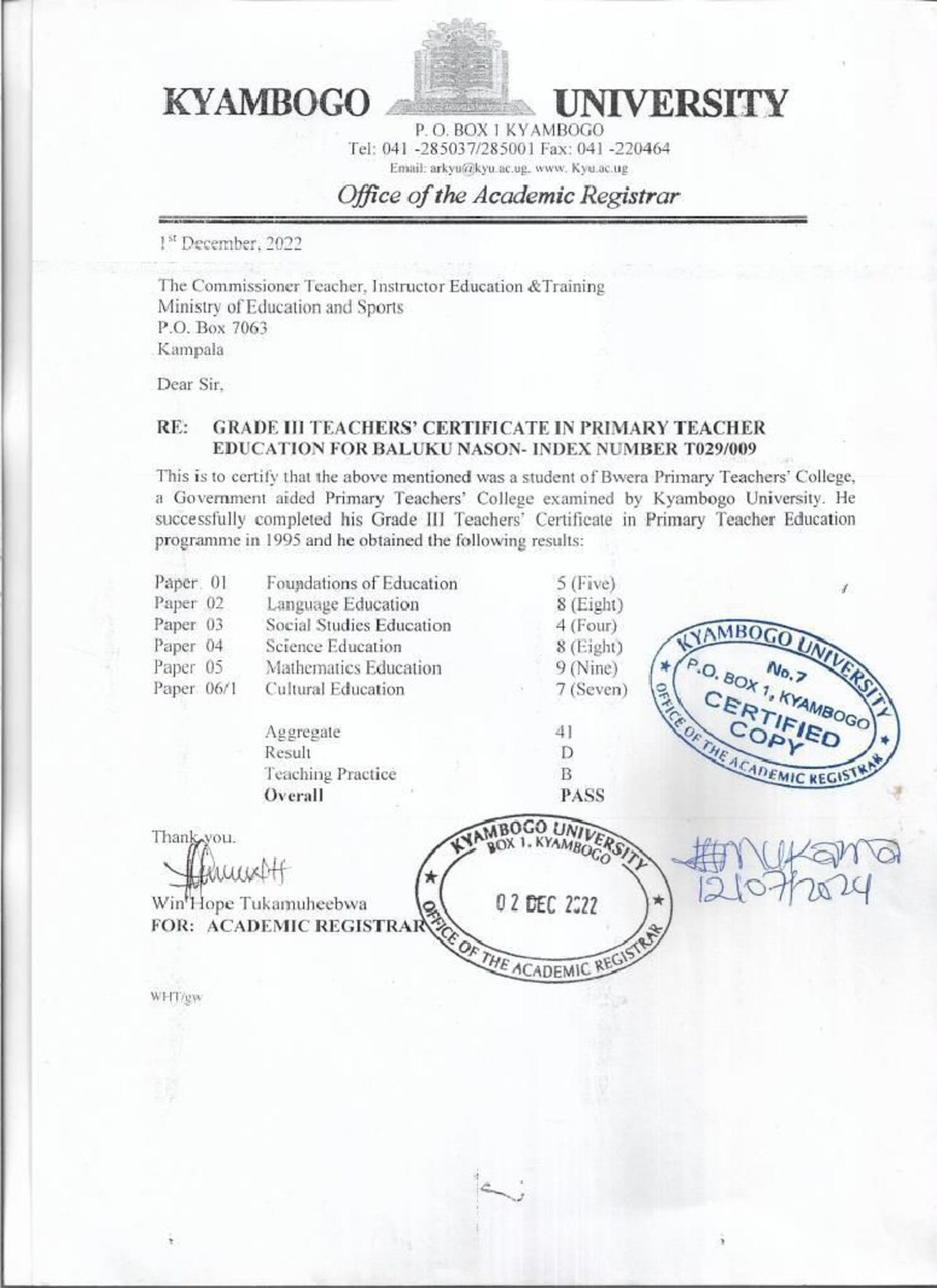 Grade Certificate in Primary Teacher Education - Baluku Nason - Studocu