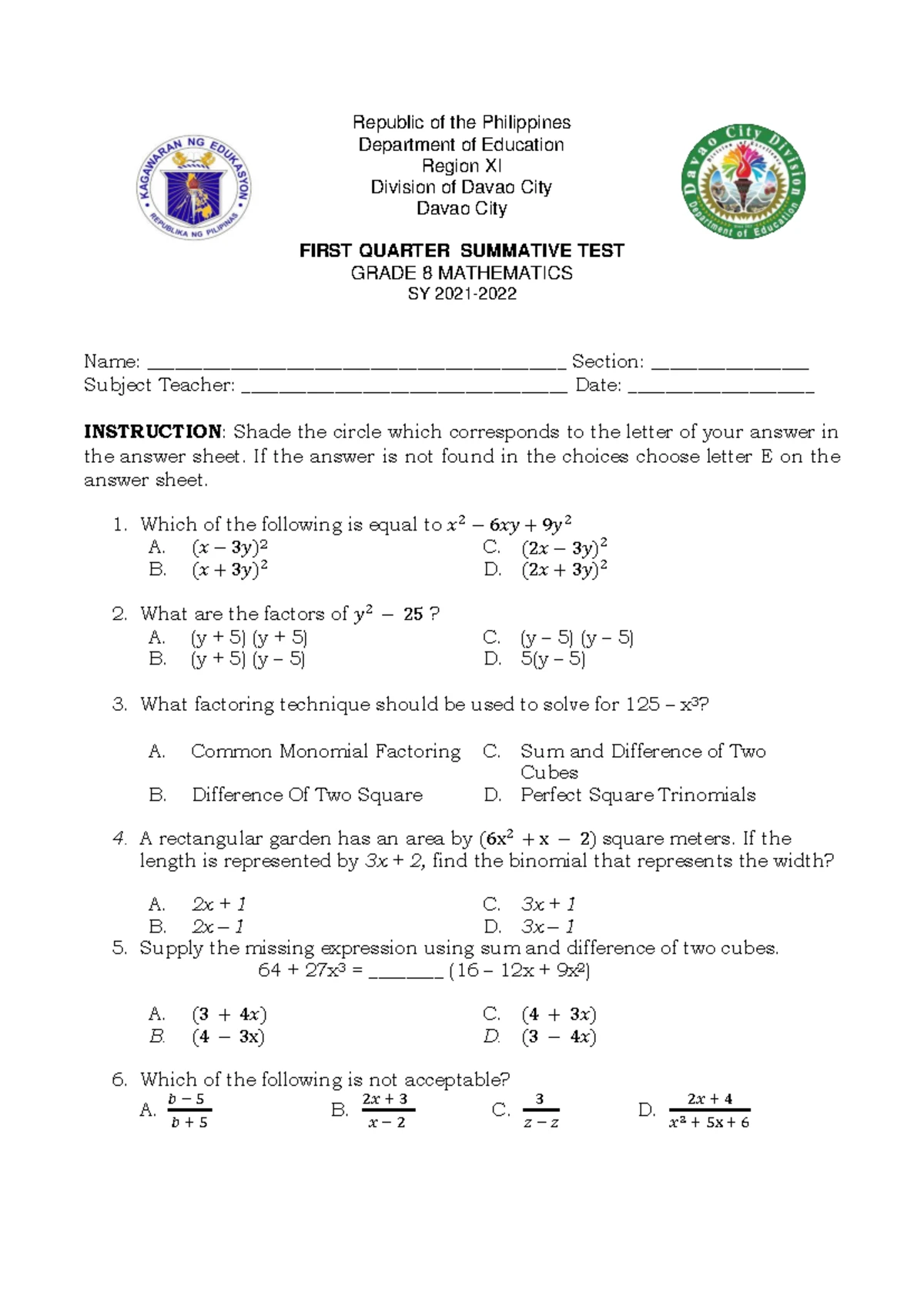 Final Grade 7 Summative Test (Q1) in Mathematics - Studocu
