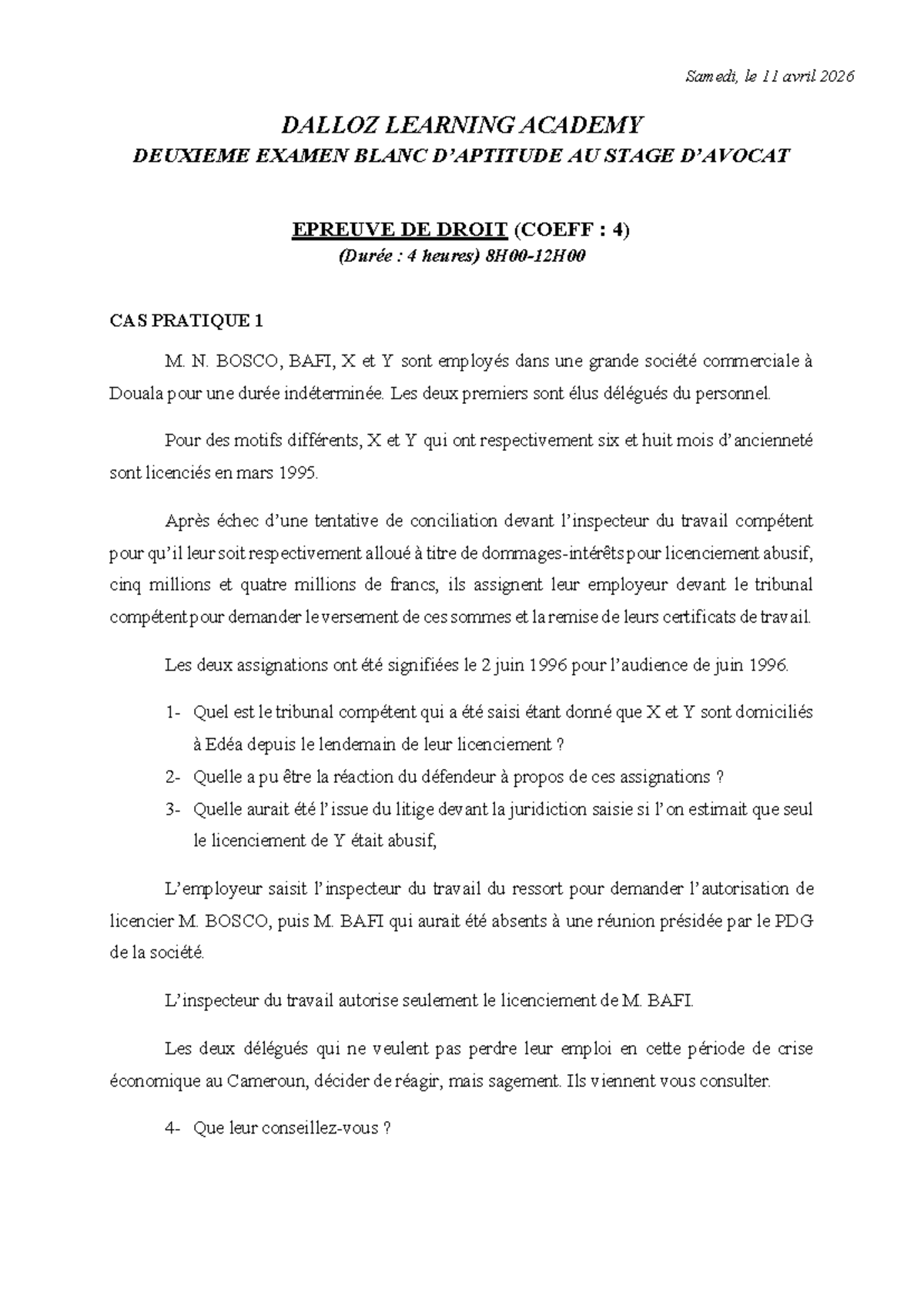 Examen Blanc DU Barreau - Pratique de Droit (2026) - Studocu