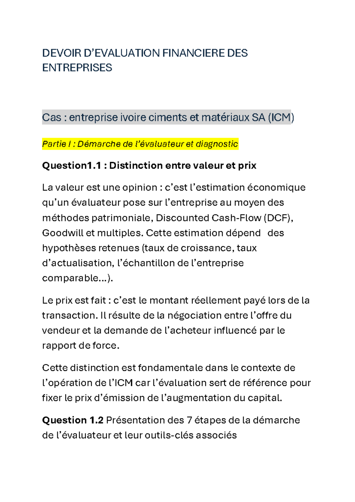 DEVOIR FINANCIER DES ENTREPRISES ICM : Diagnostic et Évaluation - Studocu