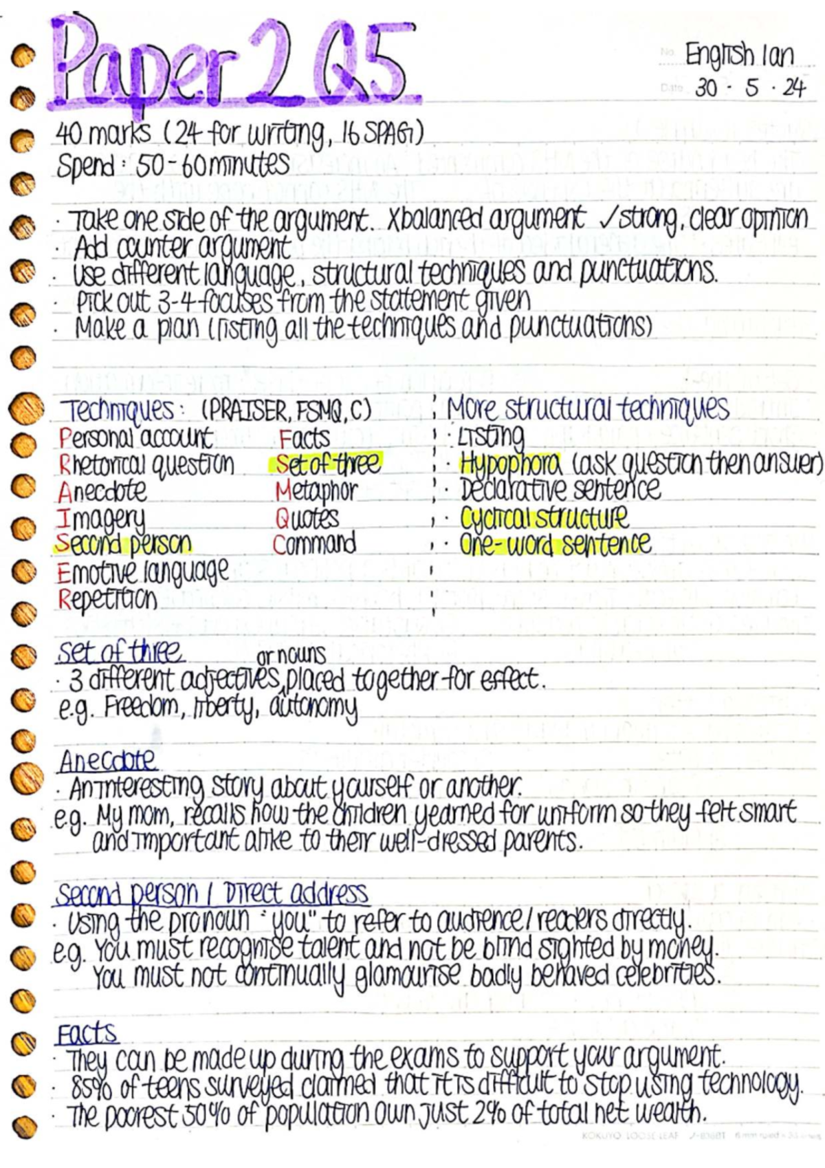 Eng Lan Paper 2Q5: Writing Techniques & Argument Strategies - Studocu