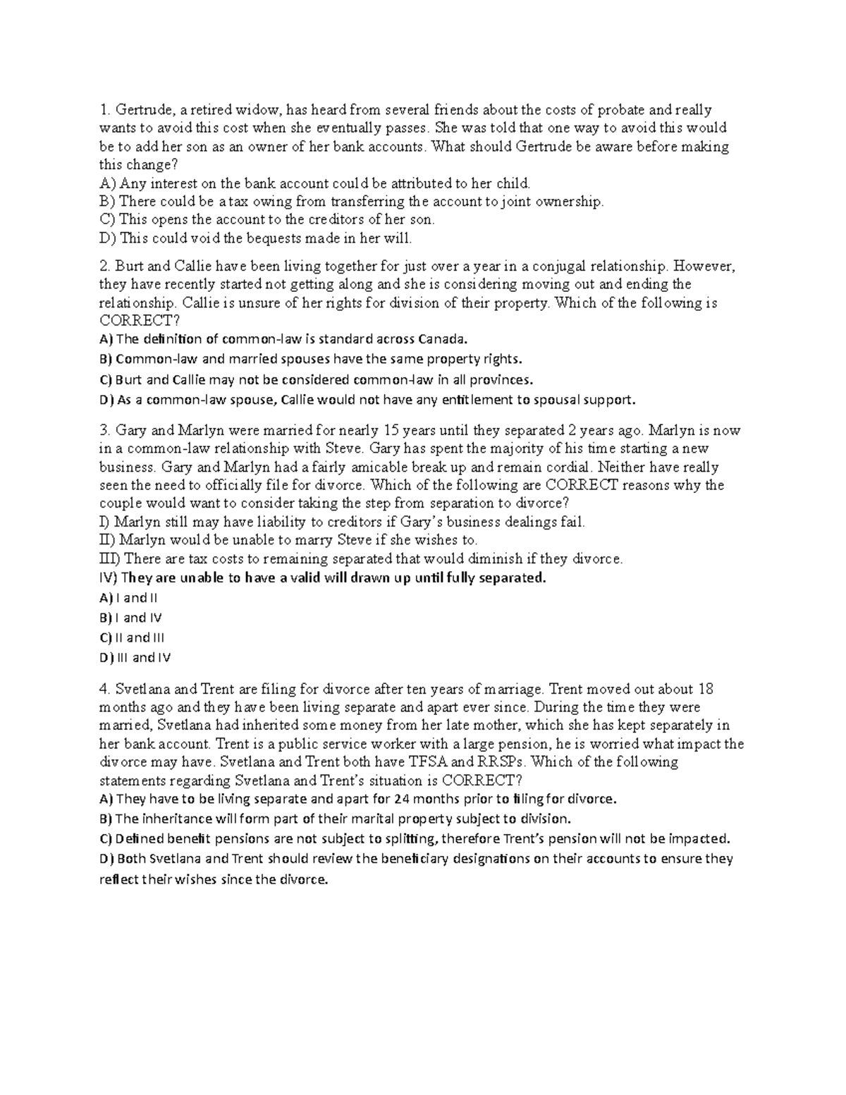Quiz 1 Practice Questions on Family Law and Property Rights - Studocu