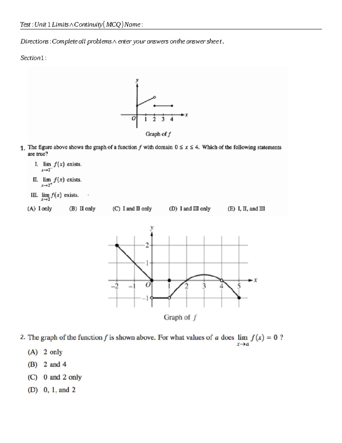 Test Unit 1: MCQ on Limits and Continuity - Studocu