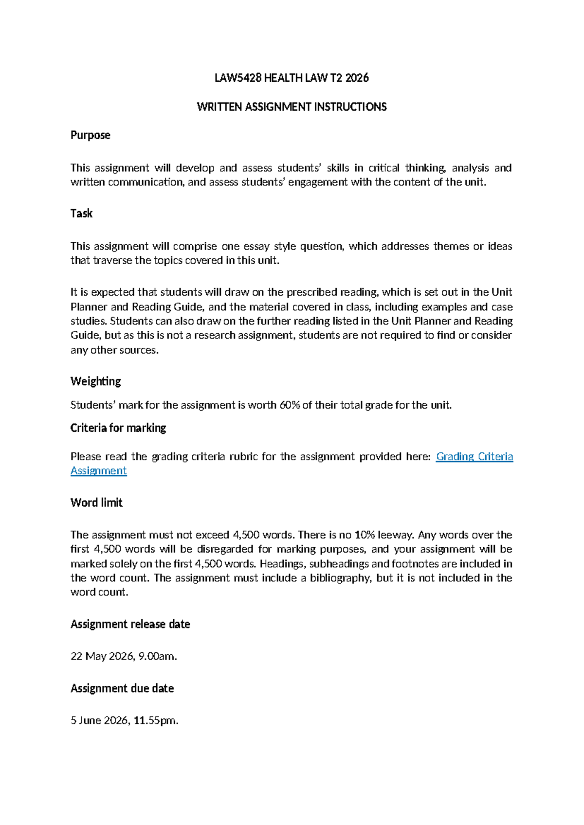 LAW5428 Health Law T2 2026 Written Assignment Guidelines - Studocu