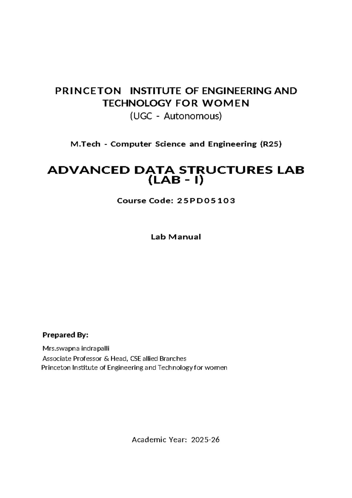 M.Tech (R25) Advanced Data Structures Lab Manual - B3CS104PC - Studocu