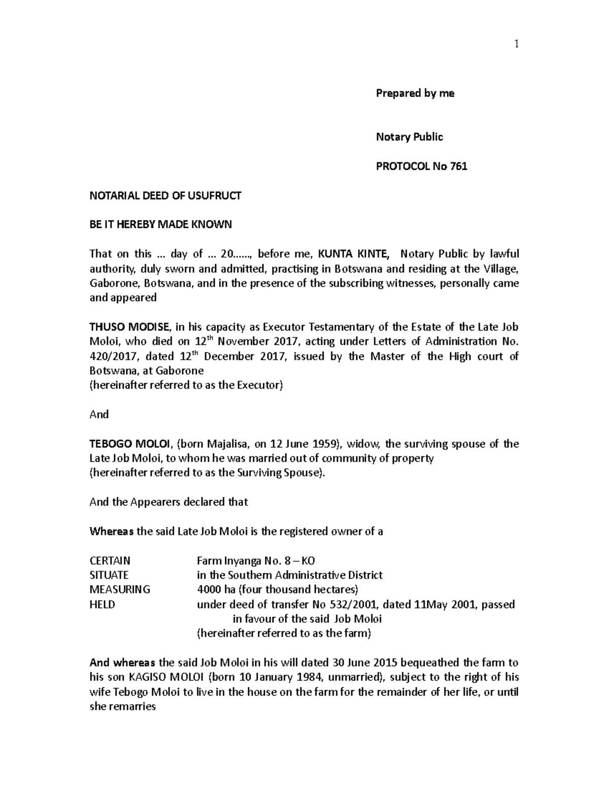 Notarial Deed of Usufruct According to the Will of Job Moloi - Studocu