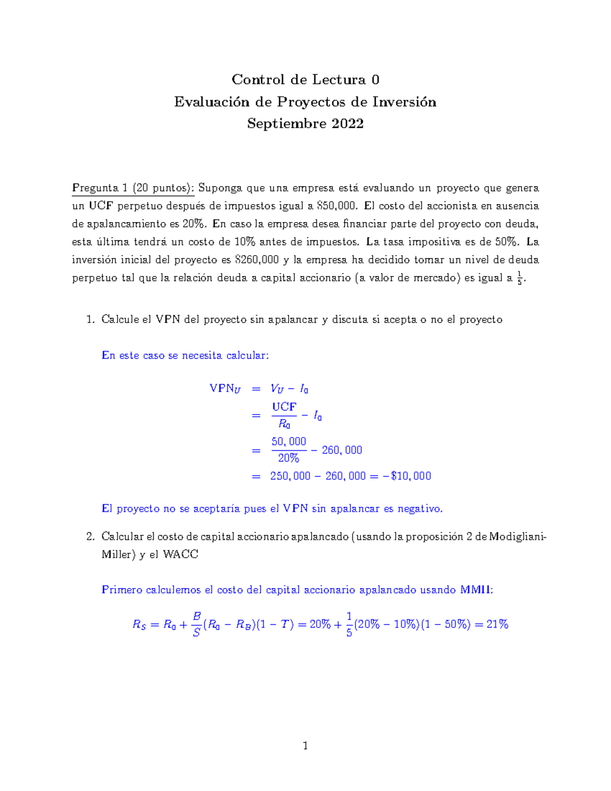 Control de Lectura 0 2022 2 solucion - Control de Lectura 0 Evaluaci ́on de Proyectos de Inversi ...