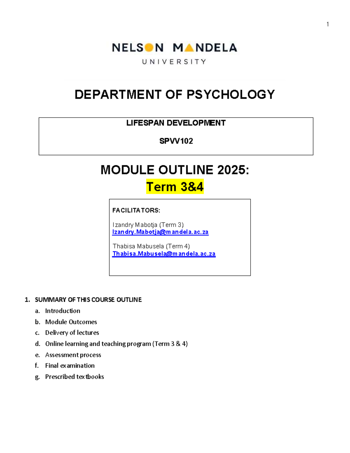 SPVV102 Lifespan Development Module Outline 2025 - Studocu