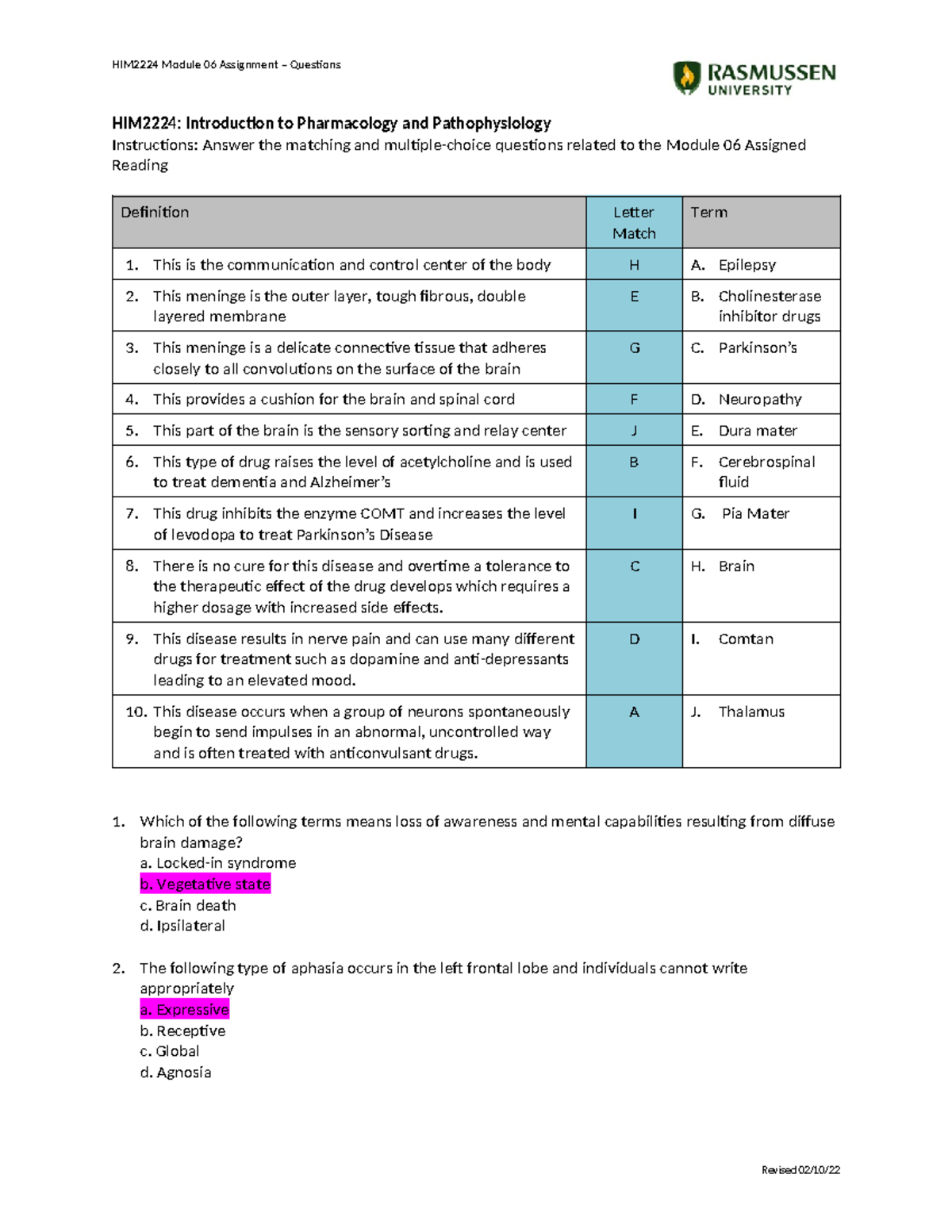 HIM2224 Module 06 Assignment: Matching & Multiple-Choice Questions - Studocu