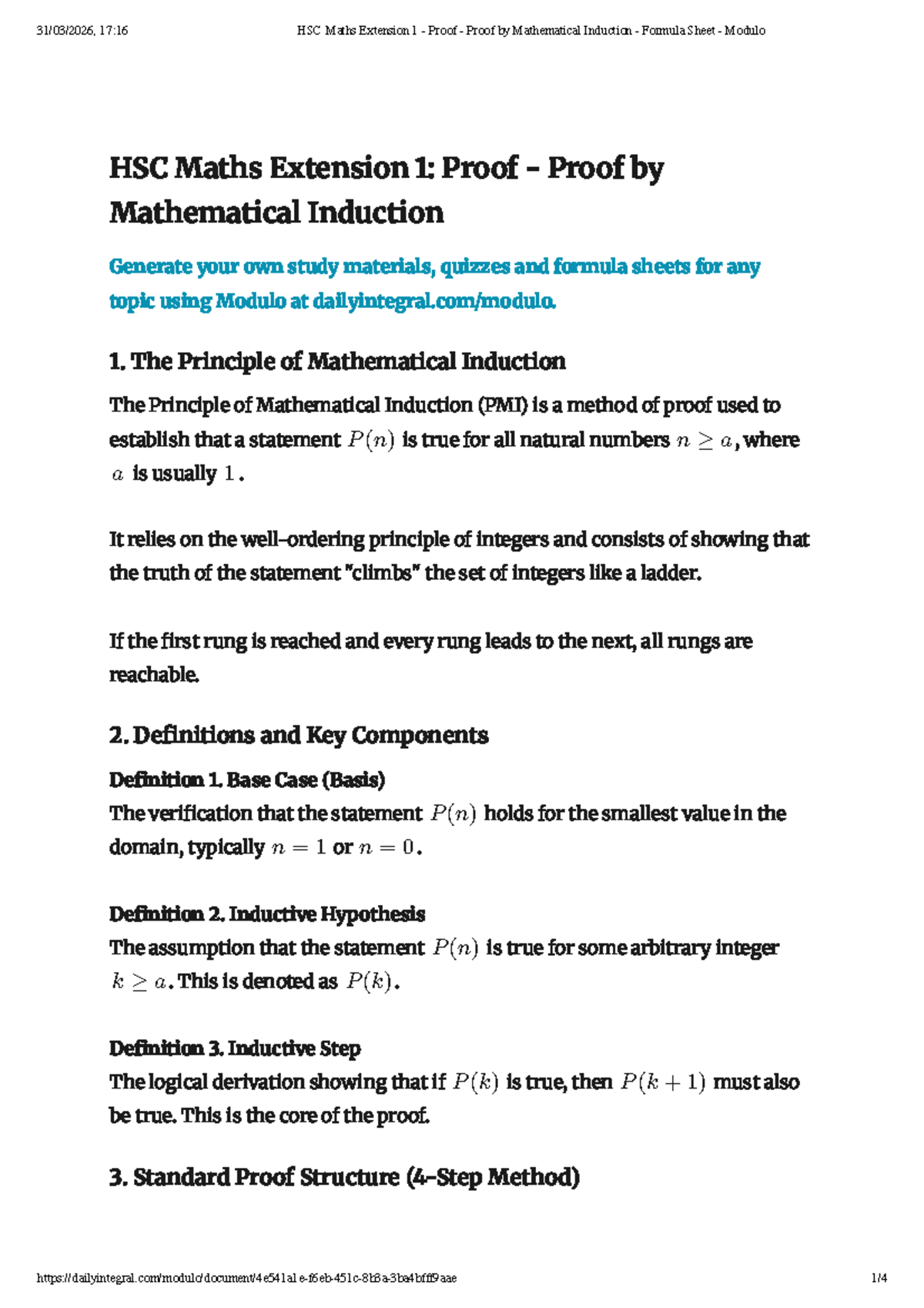HSC Maths Extension 1: Proof by Mathematical Induction Formula Sheet ...