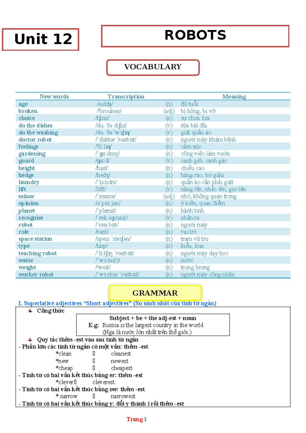 UNIT 12: ROBOTS Vocabulary and Grammar Notes - Studocu